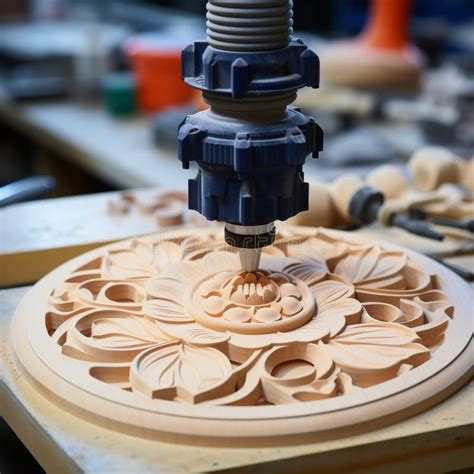 Precision Cnc Router Carving Detailed Design On Wood With Intricate Lines And Textures Stock