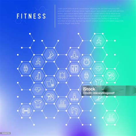 실행 아령 허리 건강 한 음식 수영장 펄스 무선 이어폰 스포츠웨어 요가의 얇은 선 아이콘으로 넓어짐에 피트 니스 개념 웹 페이지에 대 한 최신 벡터 일러스트입니다 맥박