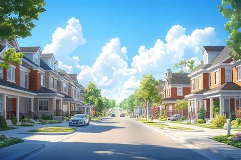 Suburb Houses At Cityscape View Suburban Street Premium Ai Generated