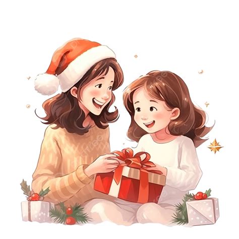 메리 크리스마스 어머니와 그녀의 딸 아이 소녀 크리스마스 선물을 교환 크리스마스 가족 어머니 선물 Png 일러스트 및
