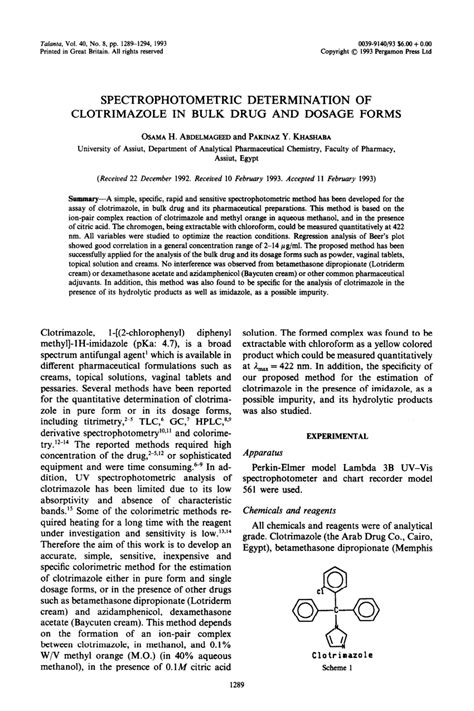 Pdf Spectrophotometric Determination Of Clotrimazole In Bulk Drug And Dosage Forms
