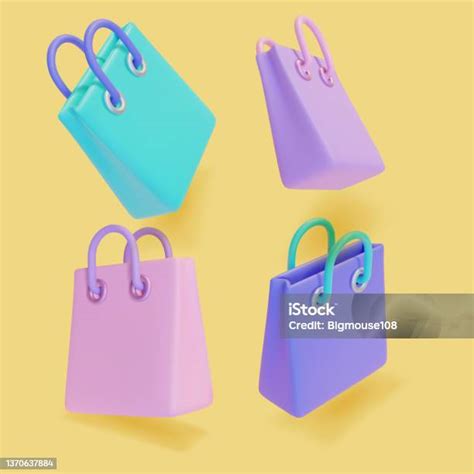 3d 다른 쇼핑 가방 아이콘 세트 플라스틱 만화 스타일 벡터 3차원 형태에 대한 스톡 벡터 아트 및 기타 이미지 3차원 형태 쇼핑백 쇼핑 Istock