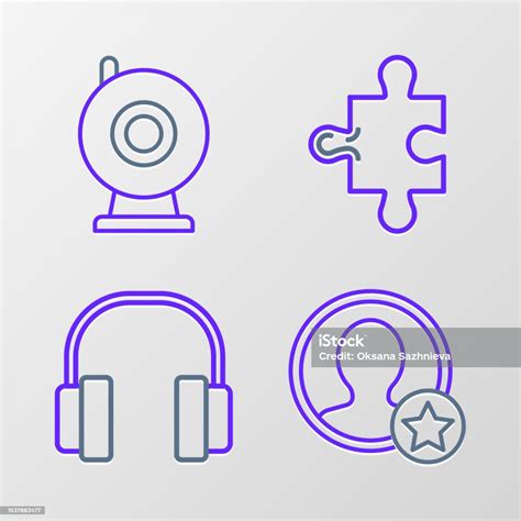 라인 프리미엄은 계정 화면 헤드폰 퍼즐 조각 및 웹 카메라 아이콘을 만듭니다 벡터 Brand Name Online Messaging Platform에 대한 스톡 벡터 아트