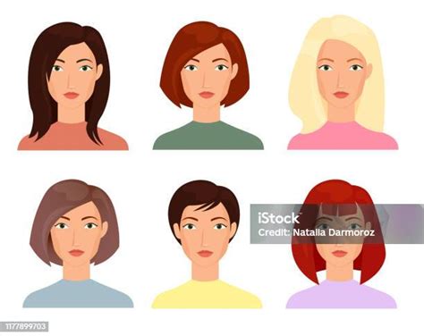 여성 면 플랫 벡터 그림 집합입니다 짧고 긴 유행 이발 만화 캐릭터 팩 금발 브루넷 여성 흰색 배경 격리 된 그림에 사람들 초상화 클립 아트 컬렉션입니다 짧은 머리에 대한