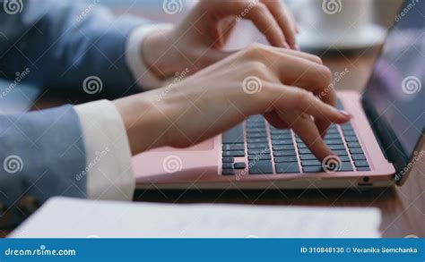 Woman Hands Typing Laptop Keyboard At Office Workplace Close Up Worker