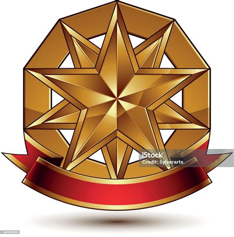 복잡 한 벡터 다각형 장식 스타와 붉은 매력적인 리본 골든 디자인 요소입니다 3d 고급 메달 흰색 배경에 고립입니다 세련 된 테이프와 라운드 축제 차원 배지입니다 3차원