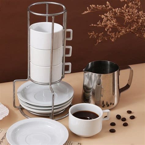 Porcelain Stackable Coffee Mugs Espresso Cup Set With Saucers And Metal Stand Mug And Coffee