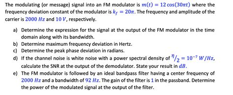 Solved The Modulating Or Message Signal Into An FM Chegg