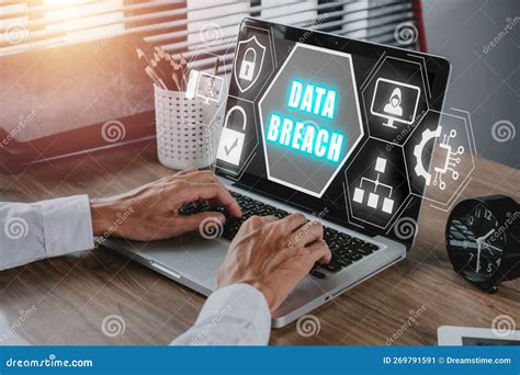 Person Hand Typing Keyboard On Office Desk With Data Breach Icon On Virtual Screen Stock Image