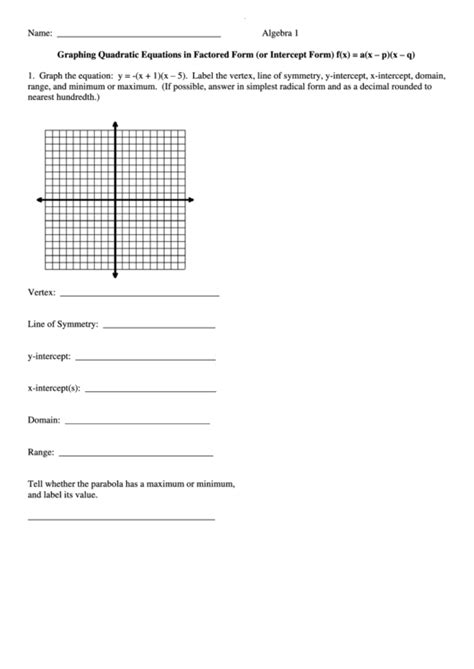Algebra 1 Graphing Quadratic Equations In Factored Form Printable Pdf Download