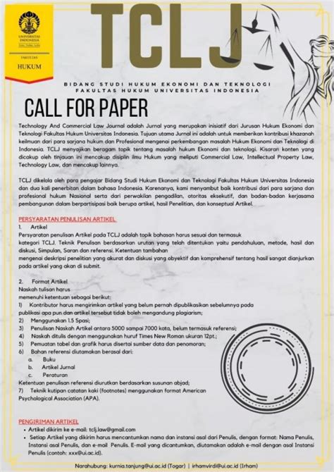 Call For Papers Technology And Commercial Law Journal Fakultas Hukum Universitas Indonesia