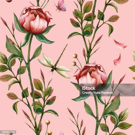 모란 나뭇잎 잠자리 나비와 완벽 한 패턴 분홍색 배경에 고립 된 수채화 그림 손으로 그린 곤충과 단풍 포장 종이 섬유 문구류 스크랩북 0명에 대한 스톡 벡터 아트 및 기타