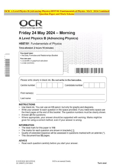 OCR A Level Physics B Advancing Physics H557 01 Fundamentals Of Physics MAY 2024 Combined