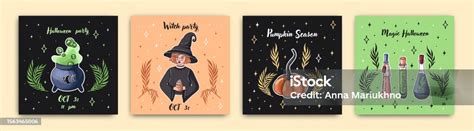 할로윈 엽서와 초대장 마법 아이템이 있는 인사말 카드 요술과 마술 벡터 가을에 대한 스톡 벡터 아트 및 기타 이미지 가을 검은색 공포 무서움 Istock