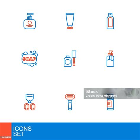 세트 라인 면도 젤 폼 면도기 속눈썹 뷰러 액체 비누 병 바 매니큐어 샴푸 및 크림 로션 화장품 튜브 아이콘 벡터 건강한 생활방식에 대한 스톡 벡터 아트 및 기타 이미지
