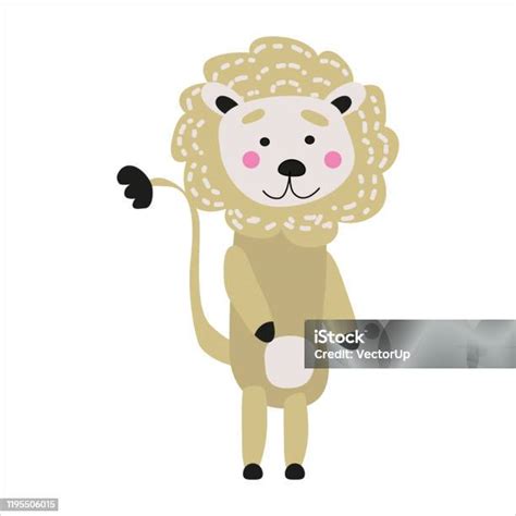 사자 귀여운 재미있는 캐릭터 스칸디나비아 스타일의 유치한 벡터 그림입니다 어린이용 벡터 설명 격리 개념 인쇄 포스터 배너 0명에