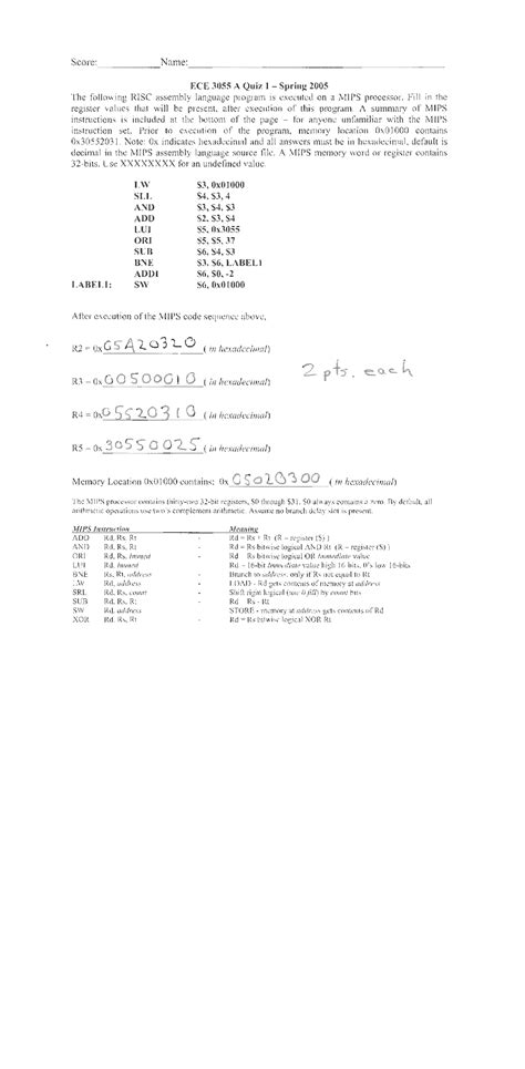 Quiz 1 Spring 2005 Computer Architecture And Operating Systems Ece 3055 Docsity