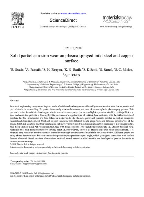 Pdf Solid Particle Erosion Wear On Plasma Sprayed Mild Steel And