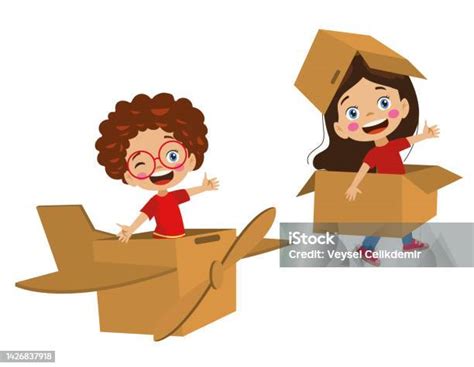 골판지 상자로 만든 장난감 비행기를 가지고 노는 재미를 느끼는 아이들 공부에 대한 스톡 벡터 아트 및 기타 이미지 공부 교육 귀여운 Istock
