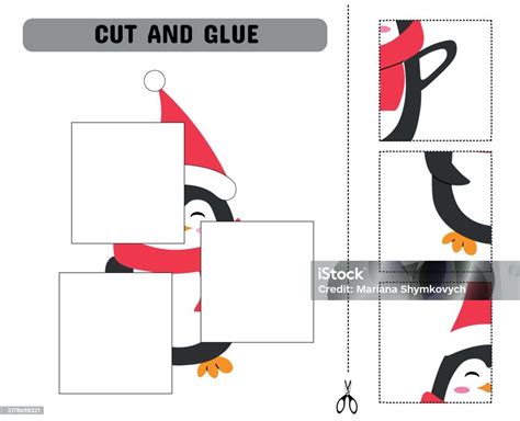 크리스마스 모자를 쓴 펭귄을 자르고 붙입니다 미취학 아동 및 유치원을 위한 교육용 게임 및 공예 활동으로 벡터 형식의 인쇄 가능한 시트로 제공됩니다 겨울에 대한 스톡 벡터