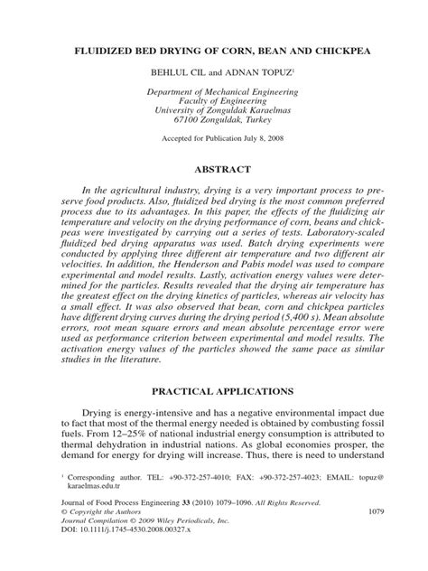 Fluidized Bed Drying Of Corn Bean And Chickpea Pdf Fluidization