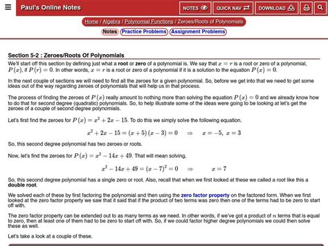 Pauls Online Notes Algebra Zeroes Roots Of Polynomials Handout For 9th 10th Grade Lesson