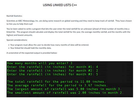Solved Using Linked Lists C Rainfall Statistics