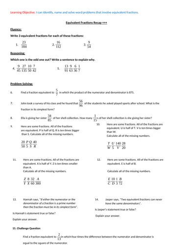 Equivalent Fractions Recap Worksheet Teaching Resources