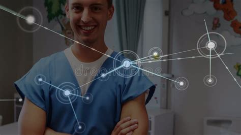 Animation Of Dots Interconnecting With Lines Over Portrait Of Smiling Male Caucasian Doctor