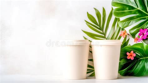 Biodegradable Containers With Tropical Leaves Promoting Eco Friendly