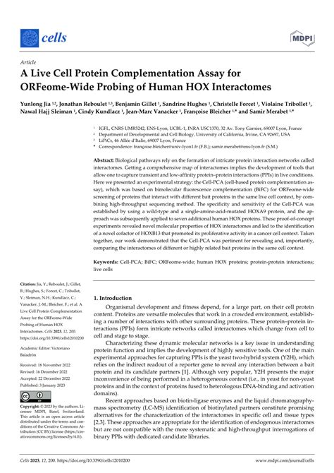 Pdf A Live Cell Protein Complementation Assay For Orfeome Wide Probing Of Human Hox Interactomes