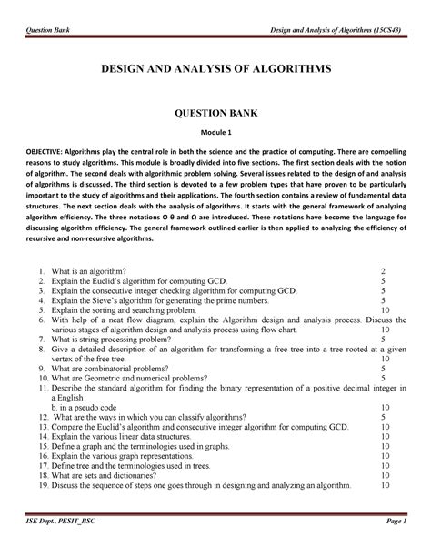 CS Question BANK DESIGN AND ANALYSIS OF ALGORITHMS QUESTION BANK Module OBJECTIVE