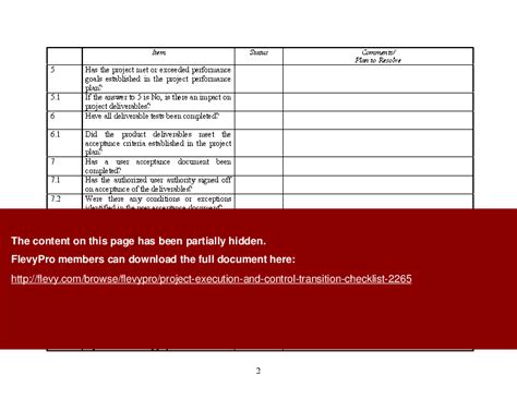 Project Execution And Control Transition Checklist Word Template
