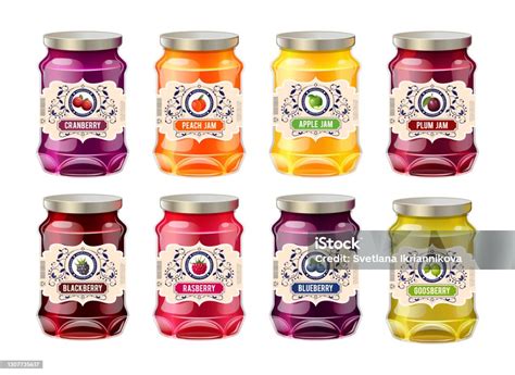 항아리 라벨 모형 라벨 과일 잼 유리 현실적인 항아리 딸기 키위 오렌지 체리 베리 잼의 라벨복고풍 빈티지 템플릿 잼 아이덴티티 브랜딩을 위한 템플릿 패키징 설탕 조림 류에