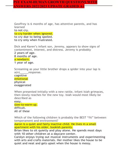 PSY EXAM HUMAN GROWTH QUESTIONS WITH ANSWERS 2022 2023 UPDATE GRADED A PSY EXA Stuvia US
