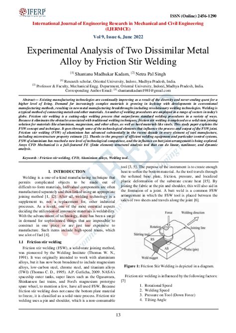 Pdf Experimental Analysis Of Two Dissimilar Metal Alloy By Friction Stir Welding
