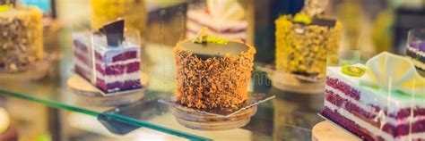 Different Types Of Cakes In Pastry Shop Glass Display Banner Long