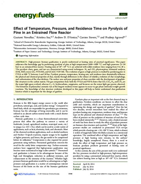 Pdf Effect Of Temperature Pressure And Residence Time On Pyrolysis
