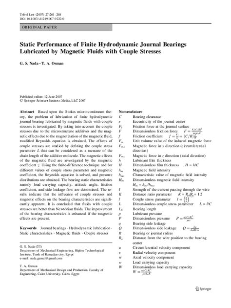 Pdf Static Performance Of Finite Hydrodynamic Journal Bearings Lubricated By Magnetic Fluids