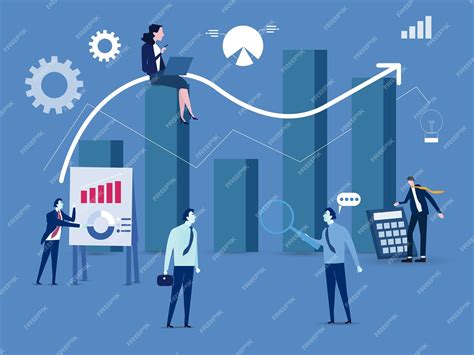 과학 통계 작은 문자 터치 스크린 및 큰 열 프로젝트 관리 분석 데이터 차트 개발 그래프가 있는 첨단 기술 솔루션만화 사람 벡터 일러스트 레이 션 프리미엄 벡터