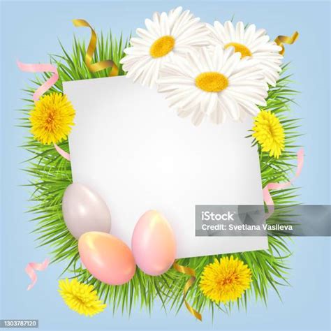 달걀과 꽃부활절 카드 부활절 달걀 데이지 민들레가있는 엽서 템플릿 벡터 일러스트레이션 3차원 형태에 대한 스톡 벡터 아트 및