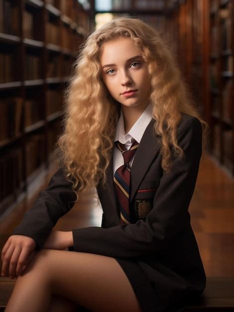 Une Fille Aux Longs Cheveux Blonds Est Assise Dans Une Biblioth Que Avec Une Biblioth Que