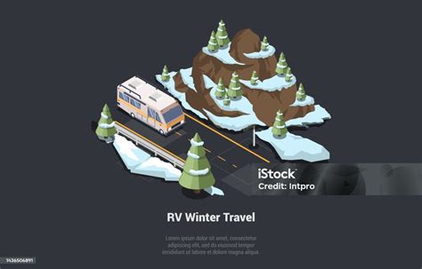 모험 하이킹 가족 여행 및 겨울 방학의 개념 숲에서 캠퍼 밴 도로 라이딩 눈 덮인 산에서 크리스마스 야외 가족 여행 아이소메트릭 3d 카툰 벡터 일러스트 레이 션 차에 대한