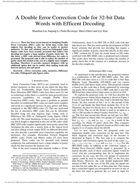 Double Error Correction Code For 32 Bit Data Words With Efficent Decoding Pdf Error