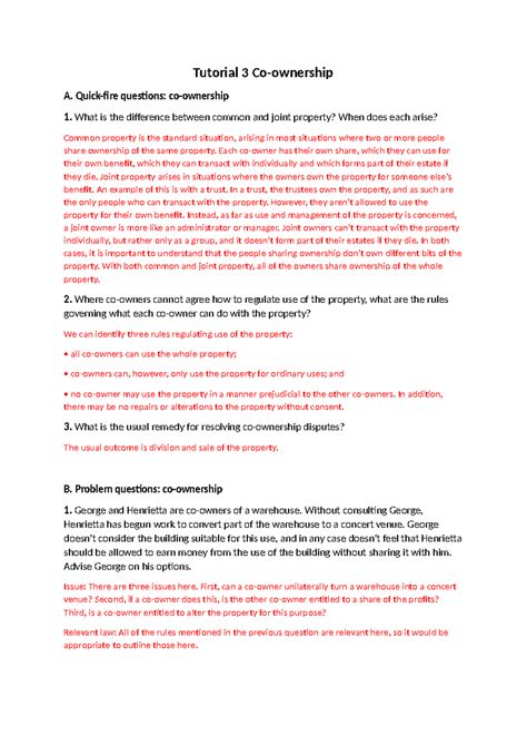 Tutorial 3 Co Ownership With Answers Tutorial 3 Co Ownership A Quick Fire Questions Co
