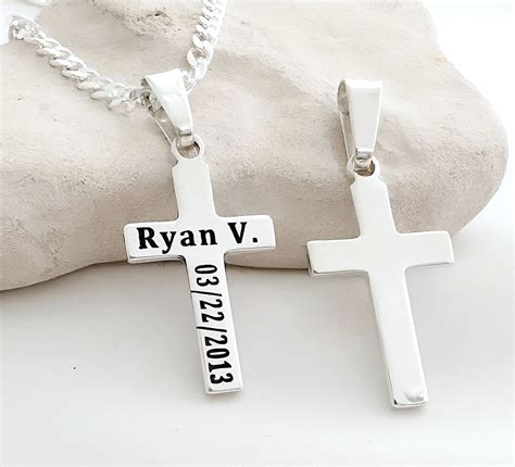 Sterling Silver Engraved Cross Necklace Personalized Date Name Cross