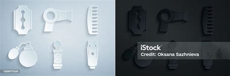 세트 클래식 이발소 가게 극 헤어 브러시 분무기 전기 헤어 클리퍼 또는 면도기 건조기 및 블레이드 면도기 아이콘 애프터 면도 병 벡터 3차원 형태에 대한 스톡 벡터 아트 및