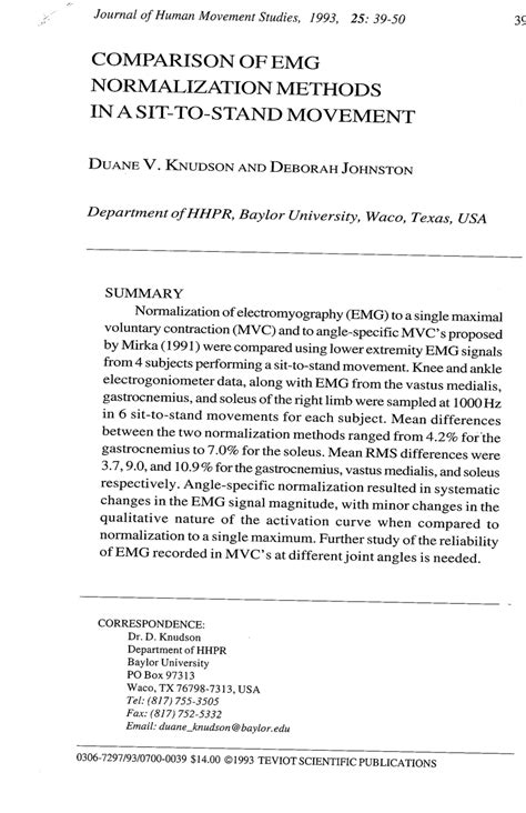 Pdf Comparison Of Emg Normalization Methods In A Sit To Stand Movement