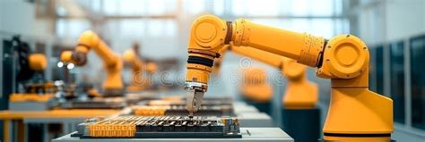 Robotic Arms Working On Assembly Production Line In Modern Factory Industrial 4 Stock