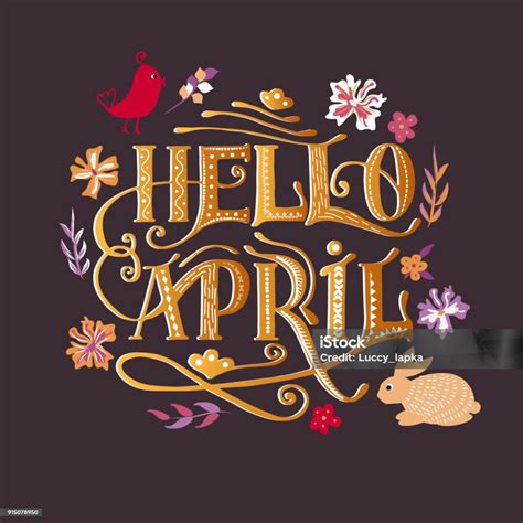 손으로 스케치 안녕하세요 4 월 진저 브레드 스타일에 텍스트 봄 또는 부활절 엽서 카드 초대장 전단 배너 서식 파일 가지 꽃 새와 토끼 타이 포 그래피 레터링 0명에 대한
